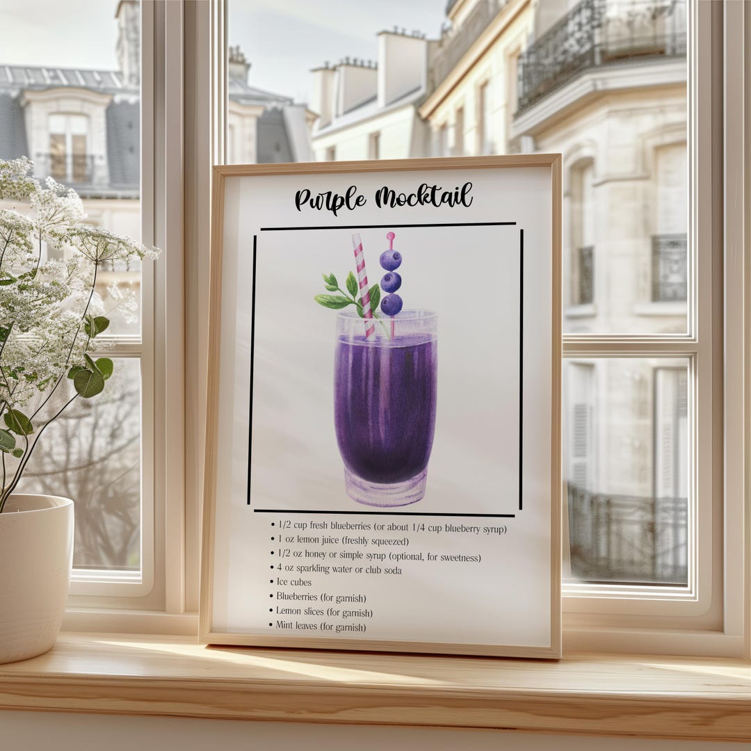 Purple Mocktail Recipe Kitchen Wall Art Blueberry Lemonade Printable ...