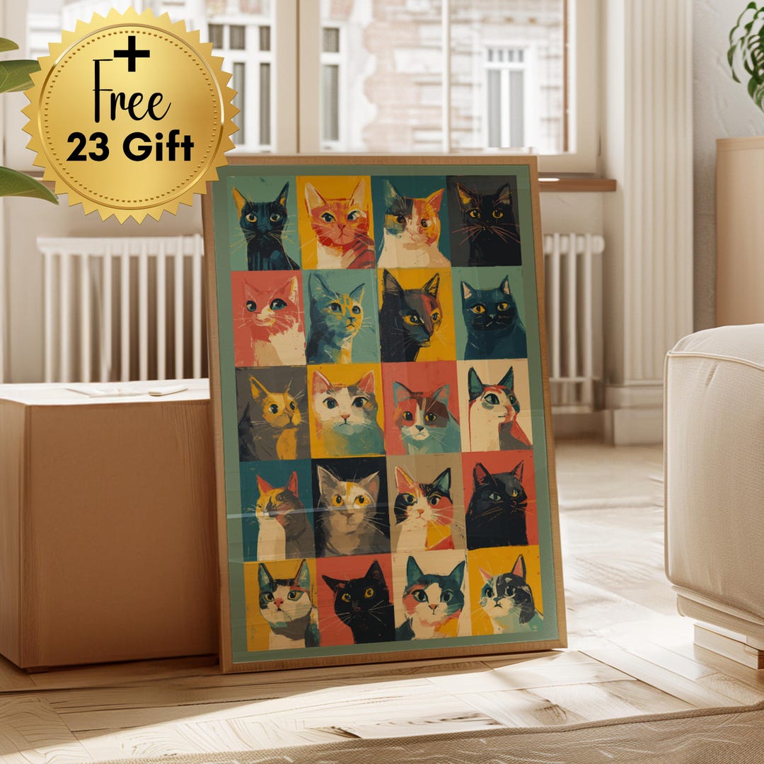 Colorful Cat Portrait Gallery, Pop Art Kitty Illustration, Retro Style ...