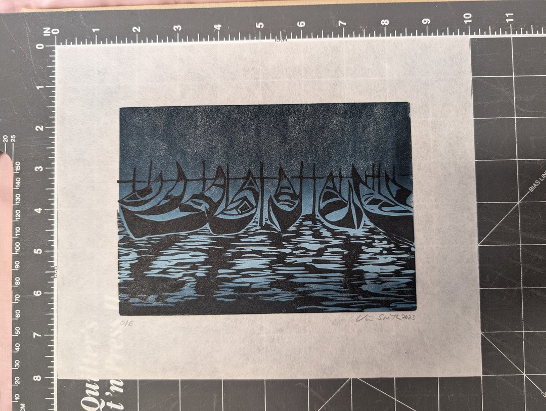 Original Linocut Print, Handmade. It is a Design of Boats Moored in the ...