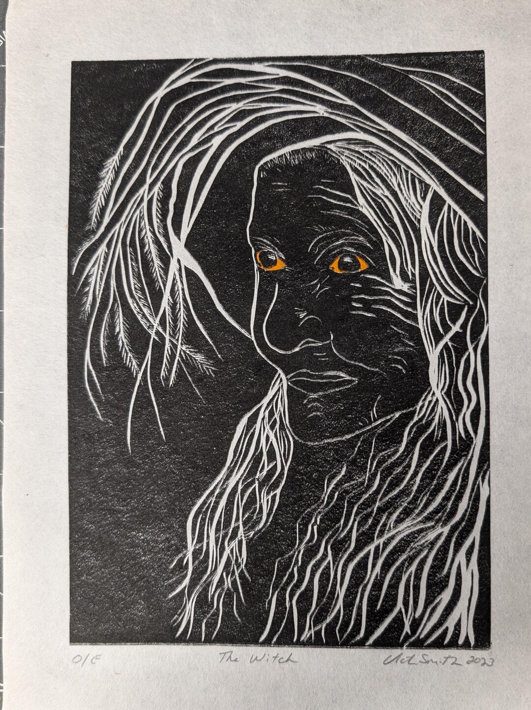 Original Linocut Print, Handmade Black and White Print, Witch ...