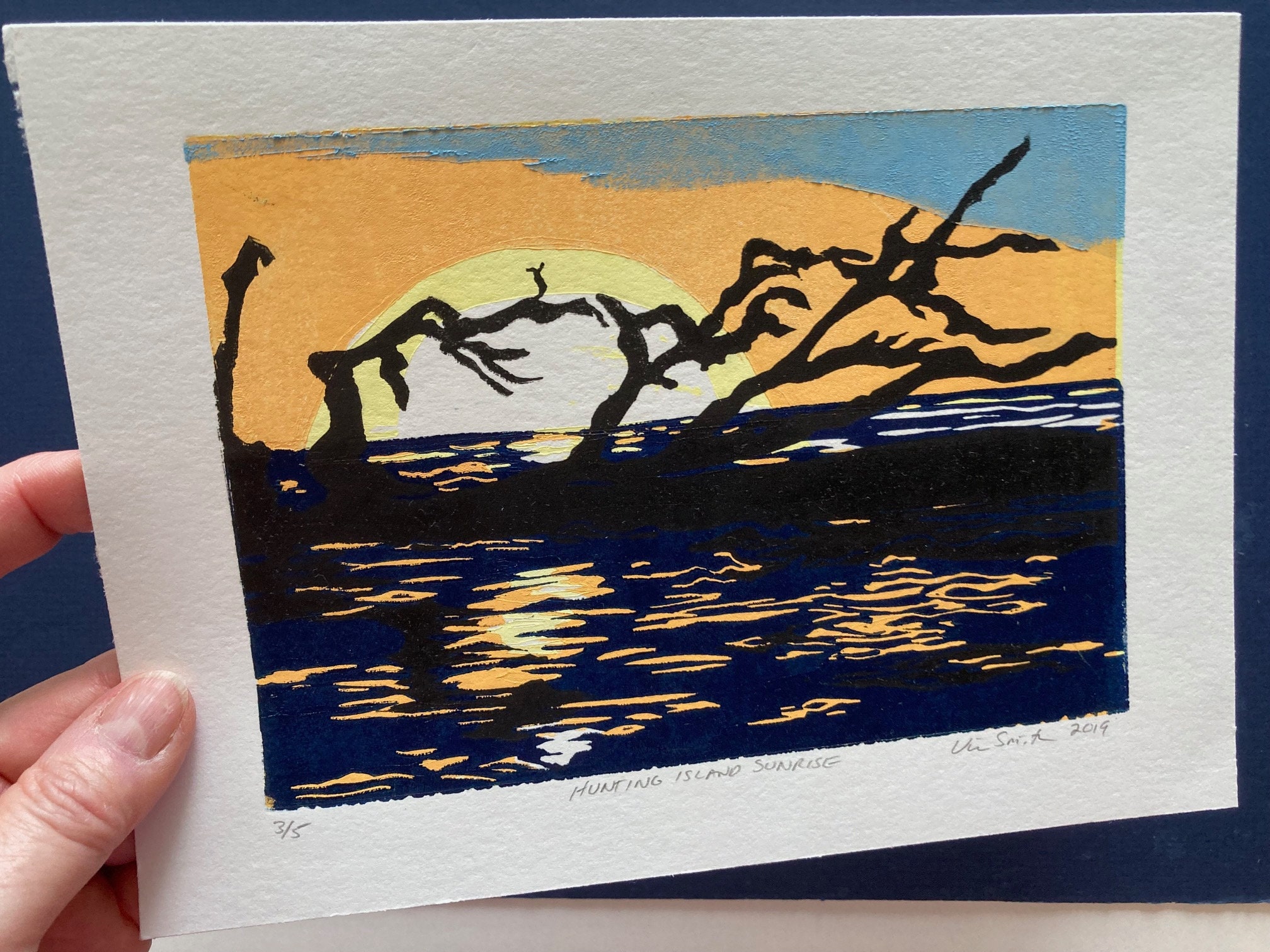 Original Linocut Print, Handmade Color Reduction Print, Ocean Sunrise ...