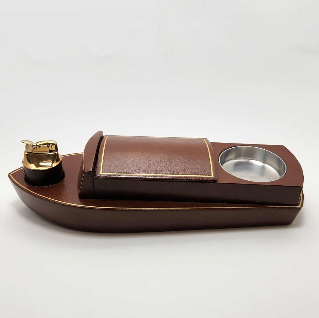 Rare Vintage Evans Brown Leather Table Lighter Ashtray Cigarette Case ...