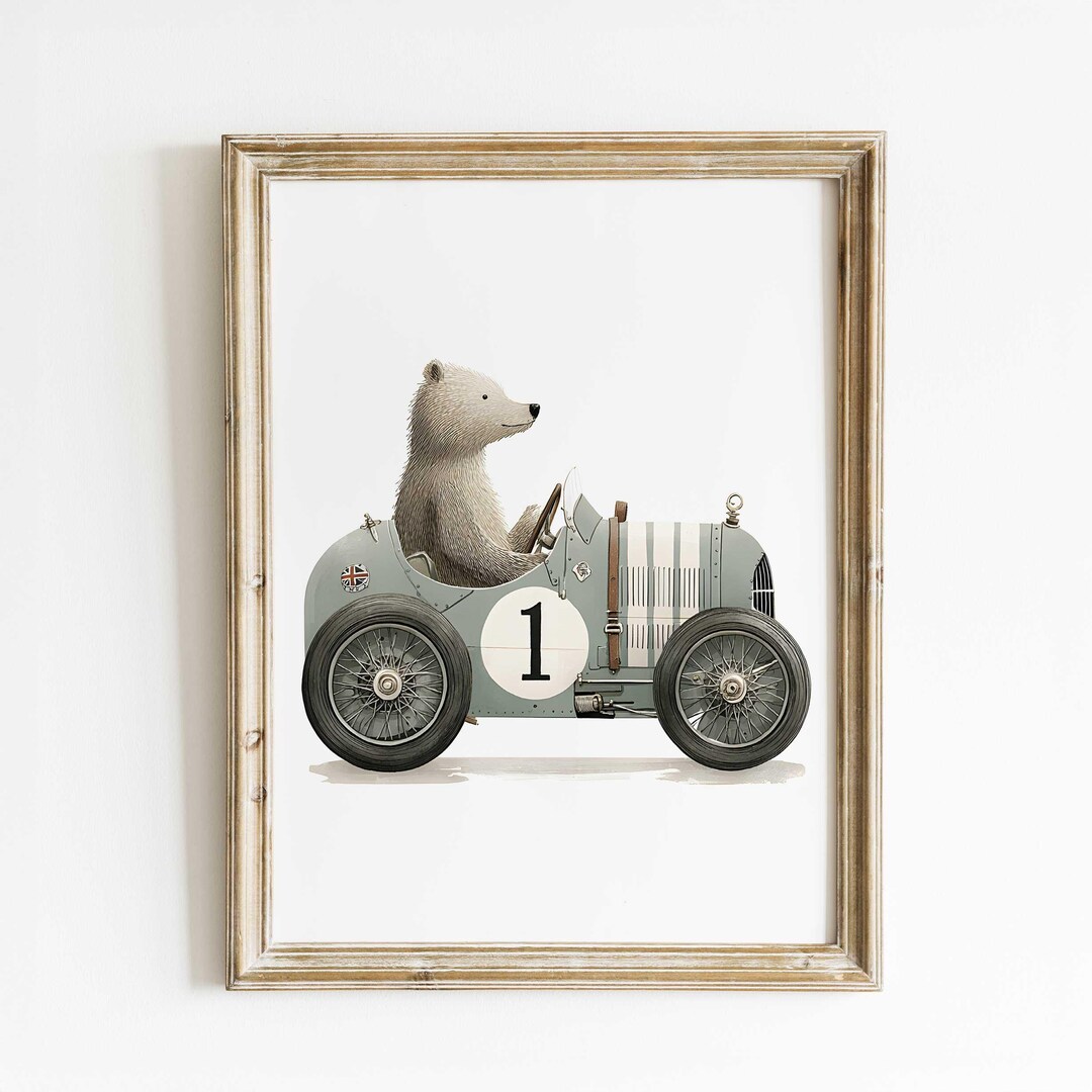 Polar Bear Vintage Race Car Wall Art Print – Watercolor Animal Driver ...