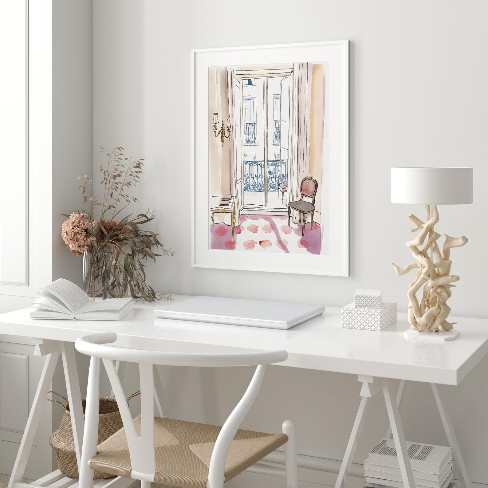 Madrid Window Watercolor Print – Vintage Chair & Balcony View Art, Cozy ...