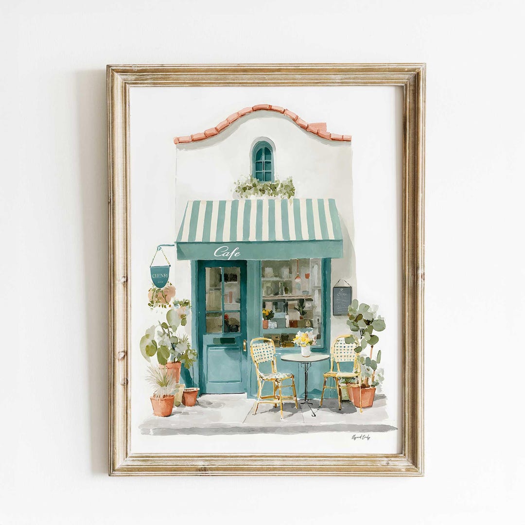 Cute Green Striped Awning Cafe White Building Outdoor Table Wall Art ...