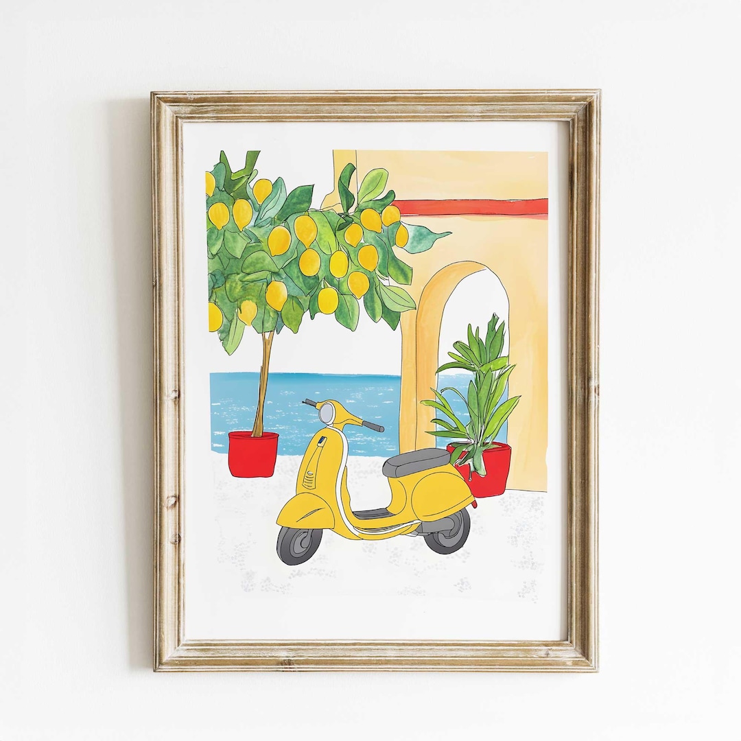 Italian Lemon Tree Print – Yellow Vespa Watercolor Art – Mediterranean ...
