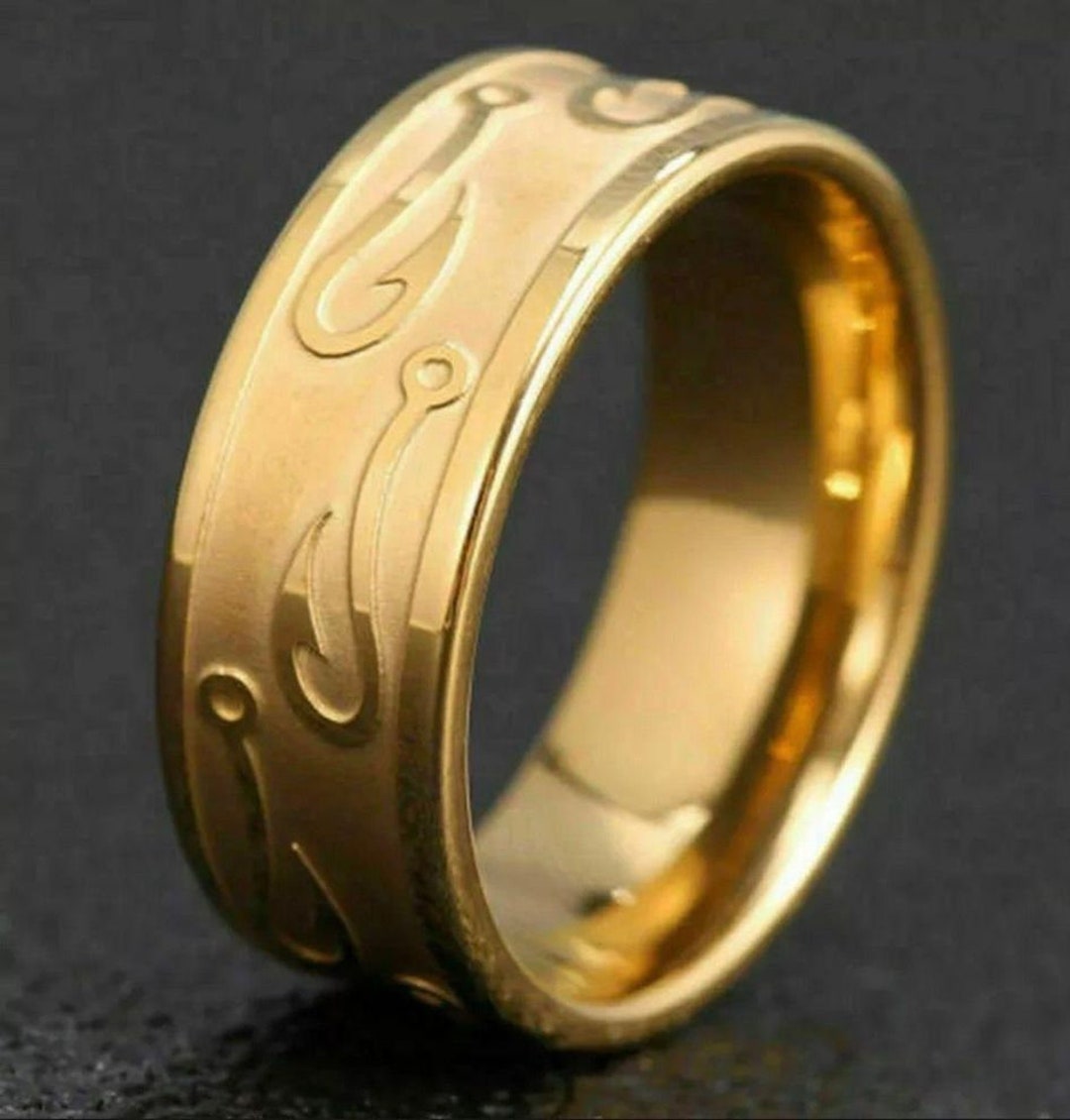 Titanium Fish Hook Ring Wedding Band Fishing Hunting Mens Unisex Size ...