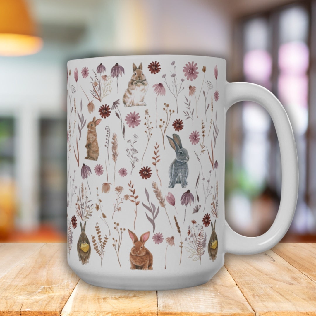 Flower Rabbit Mug, Floral Bunnies Tumbler, Wildflower Wildlife Coffee ...