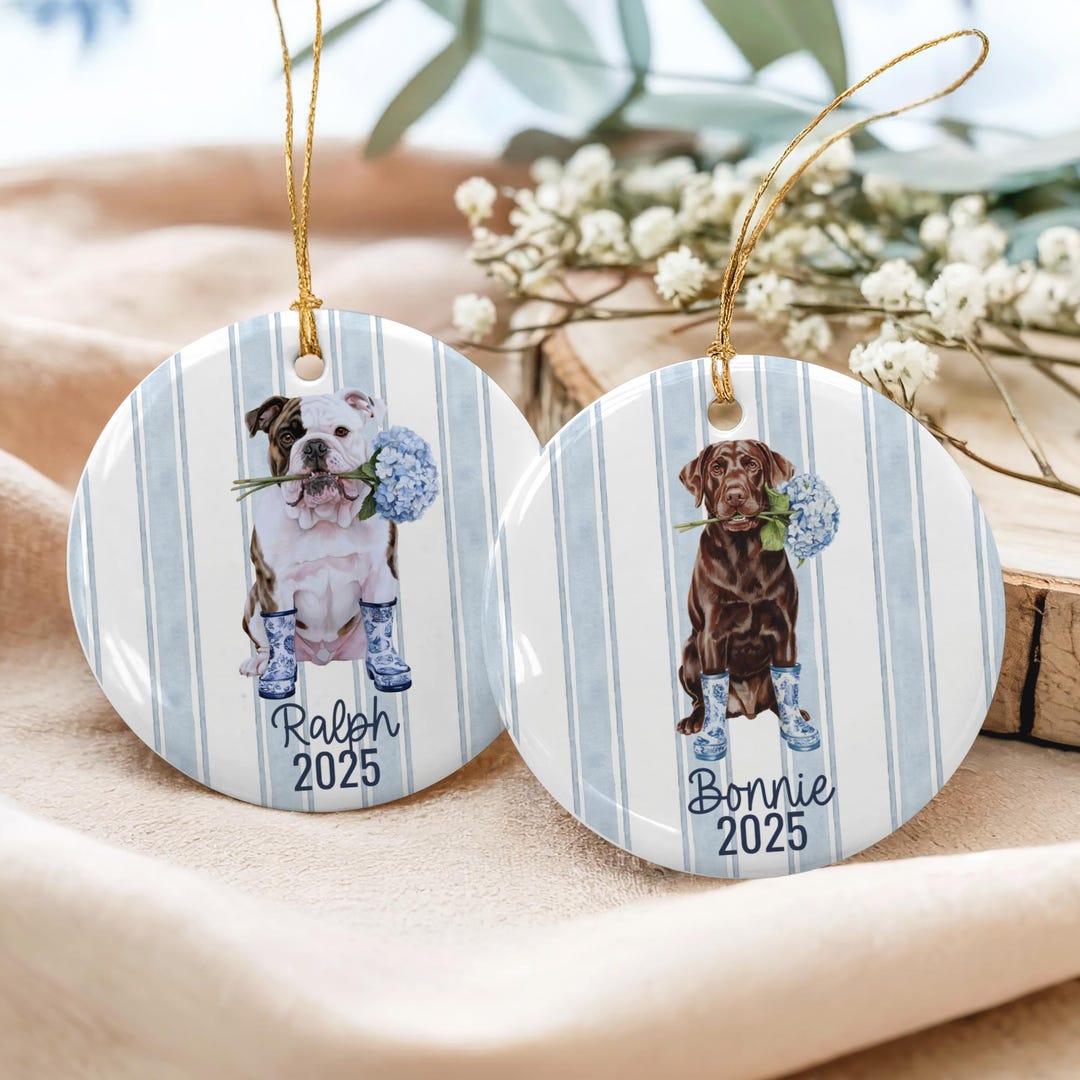Custom Floral Chocolate Lab Dog Ornament, Toile Hydrangea Christmas ...
