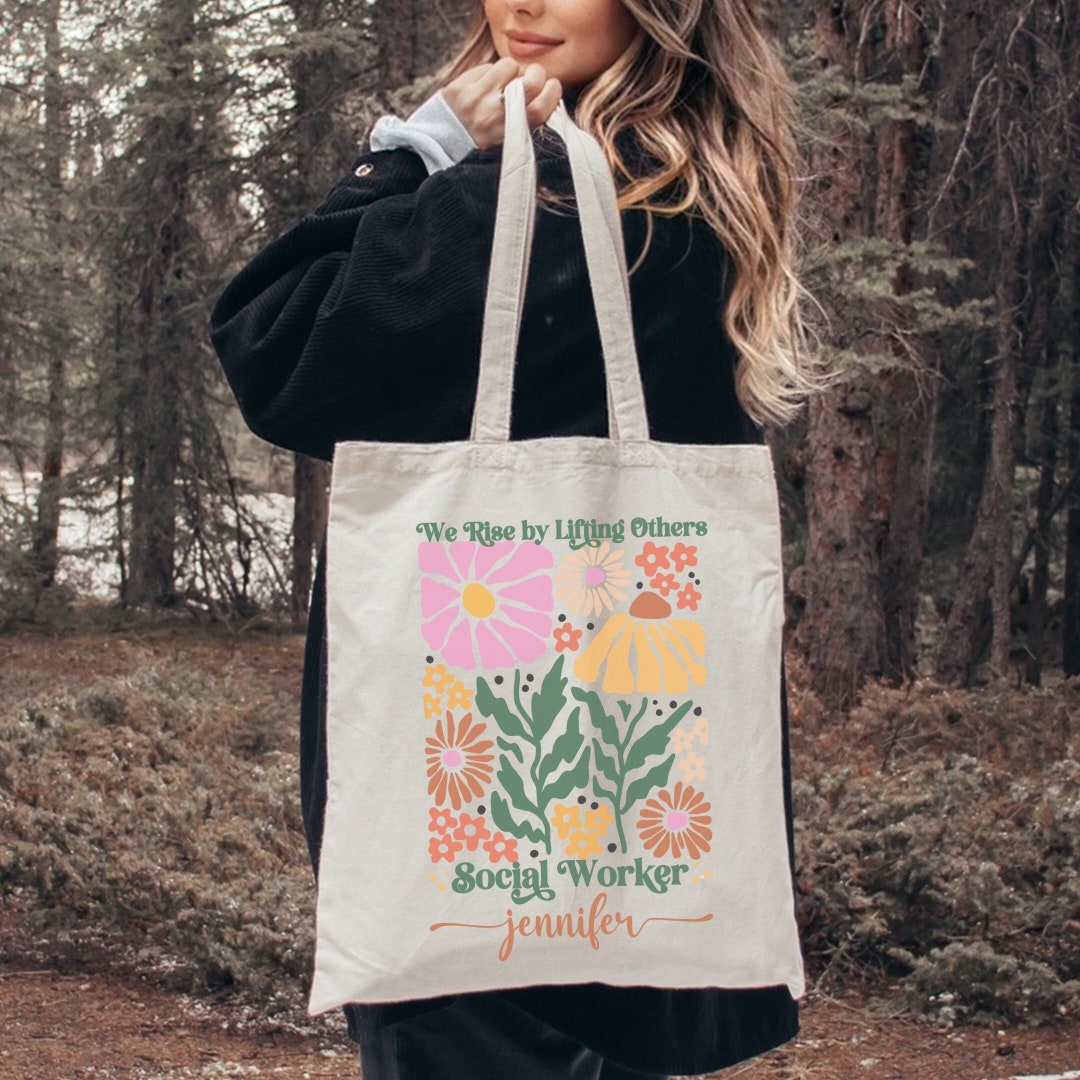 Custom School Social Worker Gift, Flower Social Work Tote Bag, Retro ...
