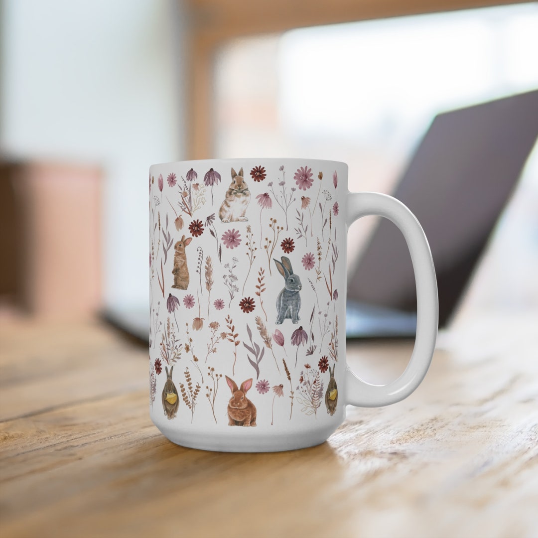 Flower Rabbit Mug, Floral Bunnies Tumbler, Wildflower Wildlife Coffee ...