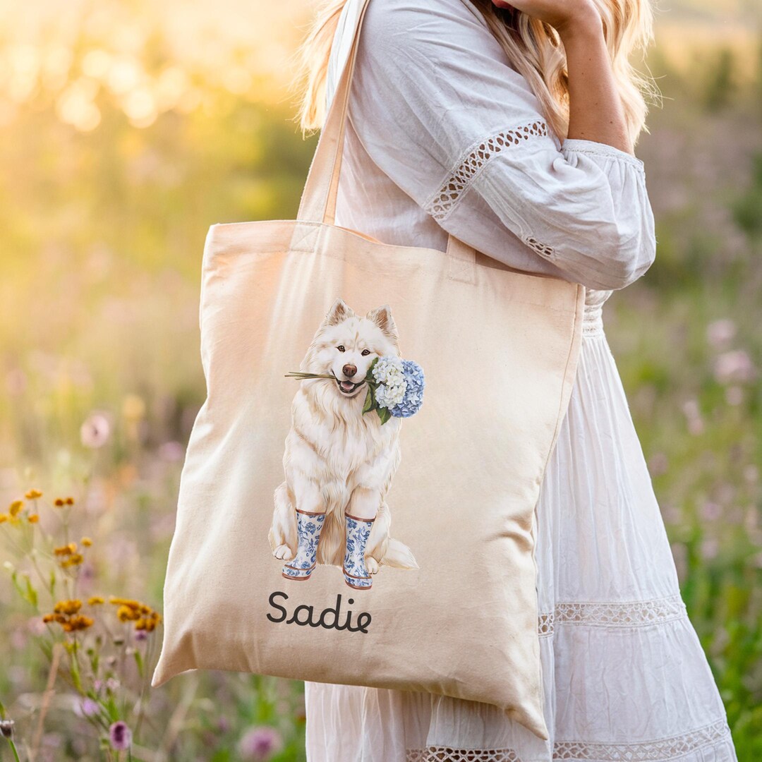 Custom Floral Samoyed Tote Bag, Toile Samoyed Beach Bag, Personalized ...