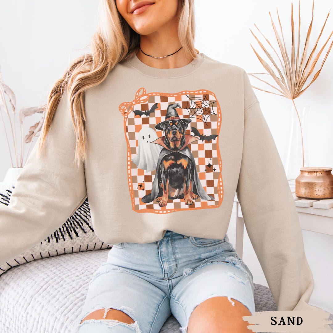Halloween Rottweiler Sweatshirt, Ghost Dog Checkered Crewneck, Spooky ...