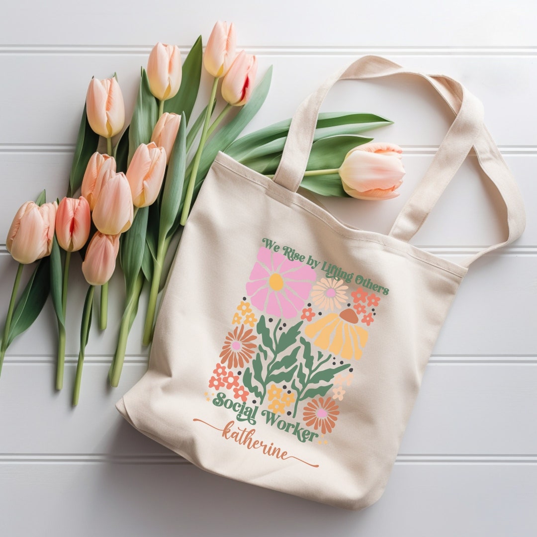 Custom School Social Worker Gift, Flower Social Work Tote Bag, Retro ...