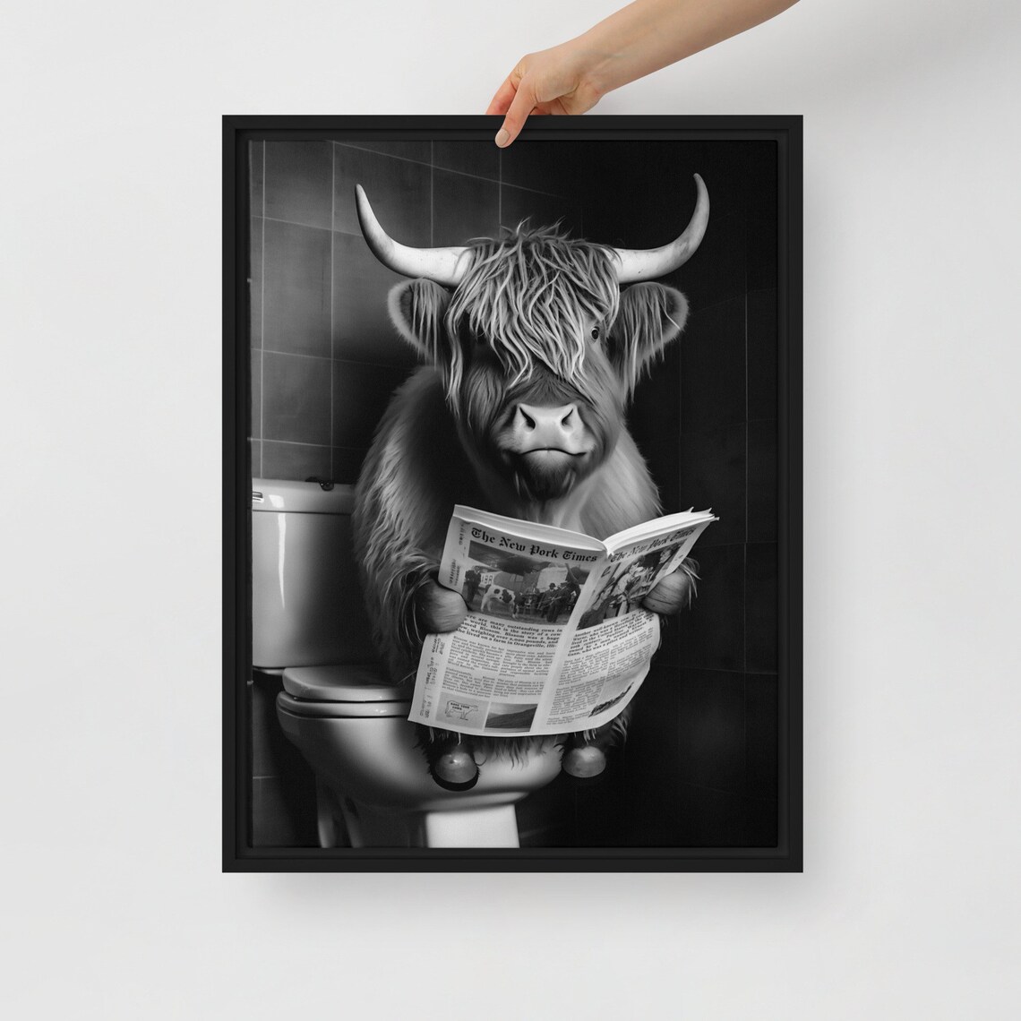 Cute Highland Cow Sitting on Toilet Premium Floating Frame Wrapped ...