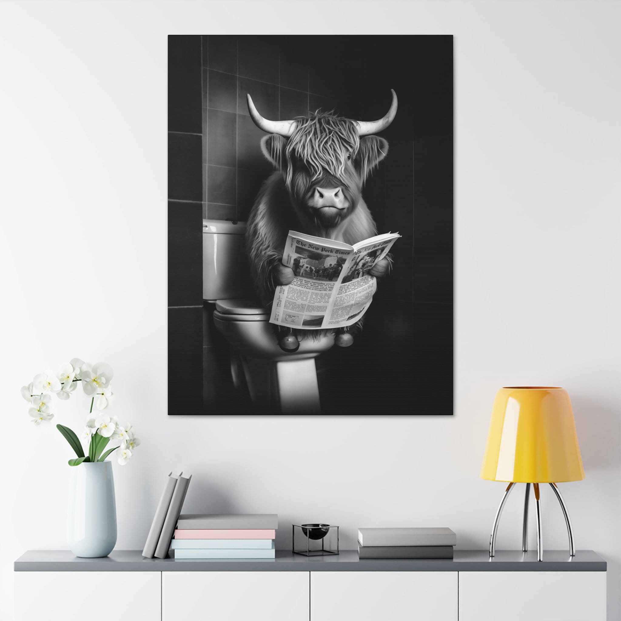 Niedliche und lustige Highland Kuh auf Toilette - Schwarz und Weiß 1,5 Zoll Tiefe eingewickelt ...