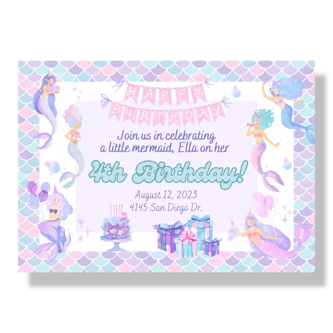 Mermaid Girls Birthday Party Invitation CANVA TEMPLATE - Etsy