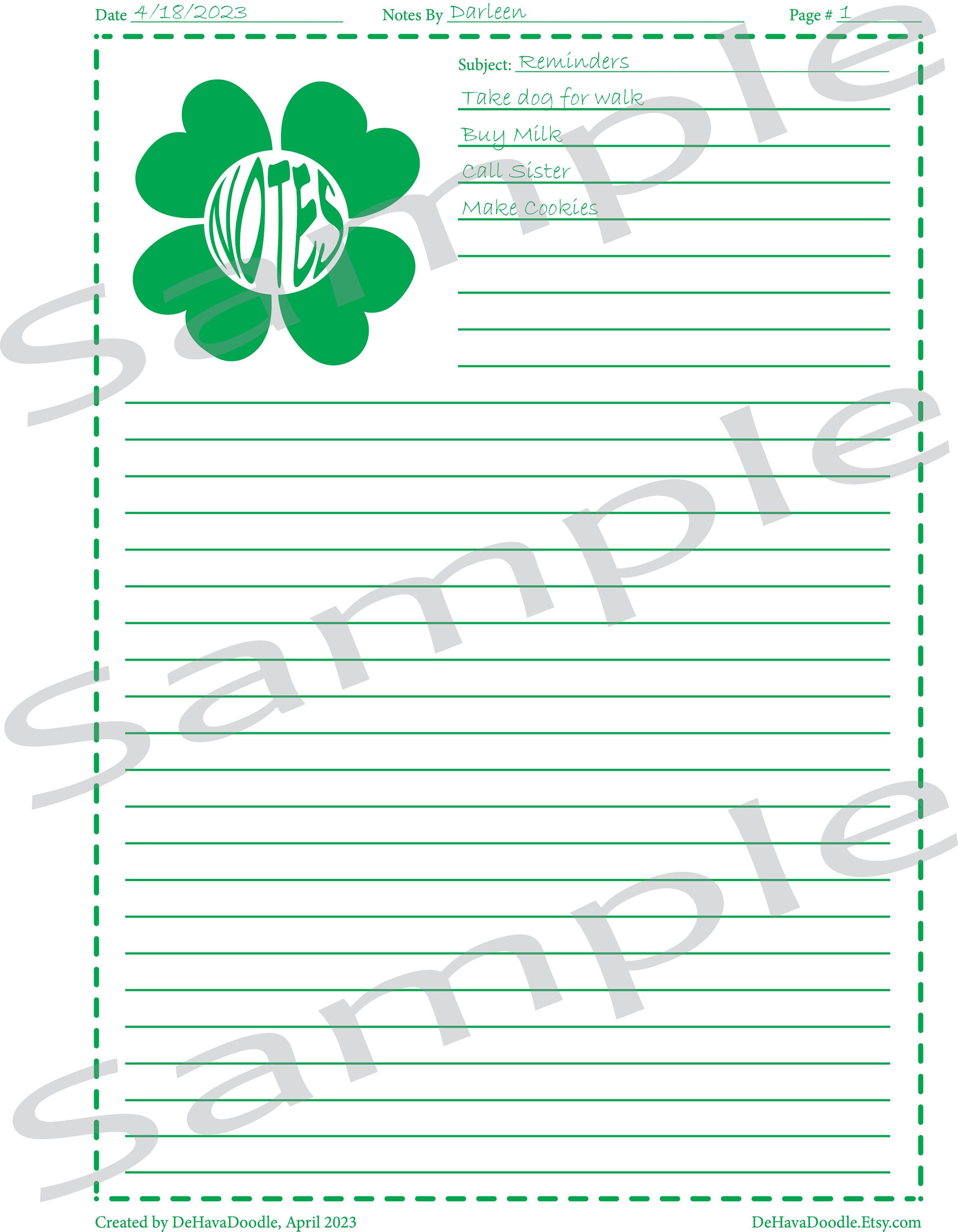 Four-leaf Clover Note Page, Pdf, Printable, Digital Fill-in, Paperless ...