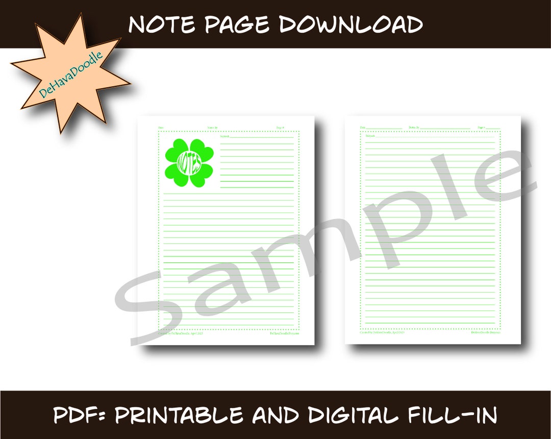 Four-leaf Clover Note Page, Pdf, Printable, Digital Fill-in, Paperless ...