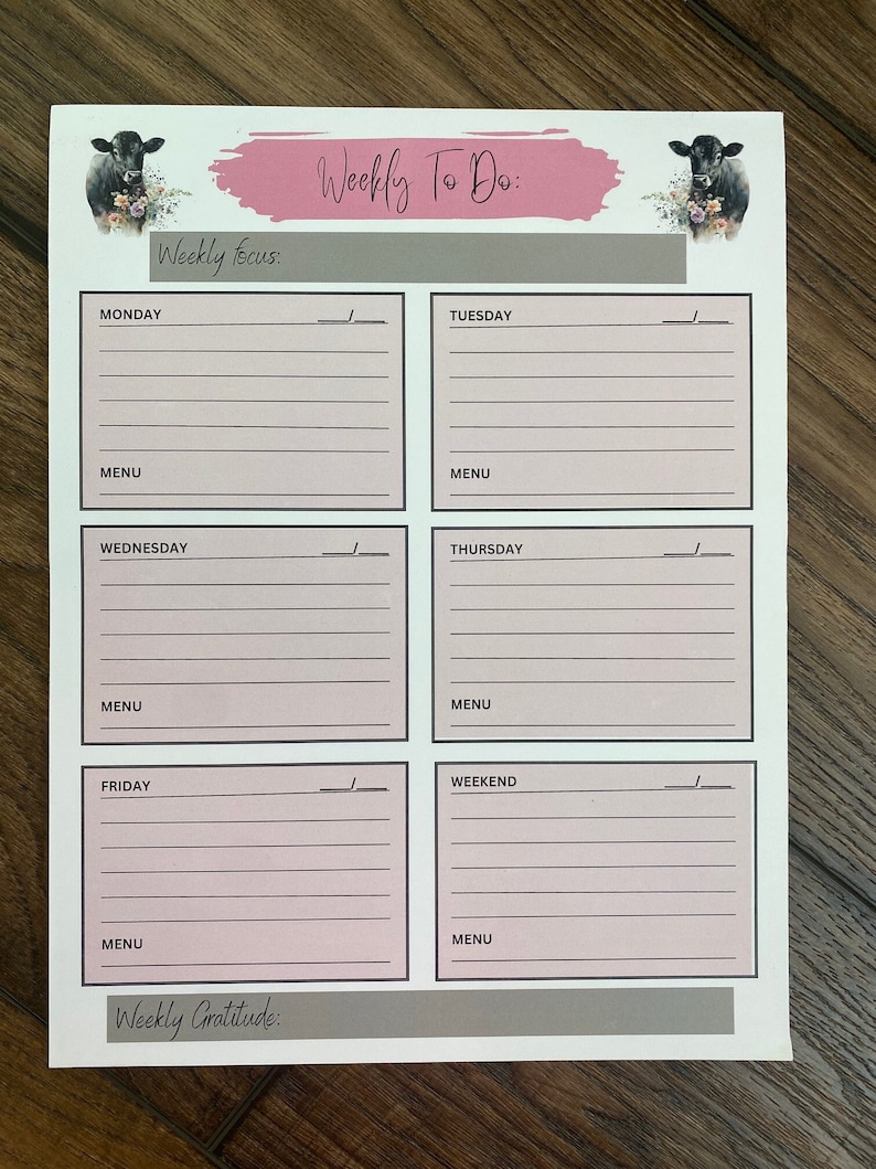 Farmhouse Weekly To-do List With Spaces for Meal Planning/menu. 8.5 X ...