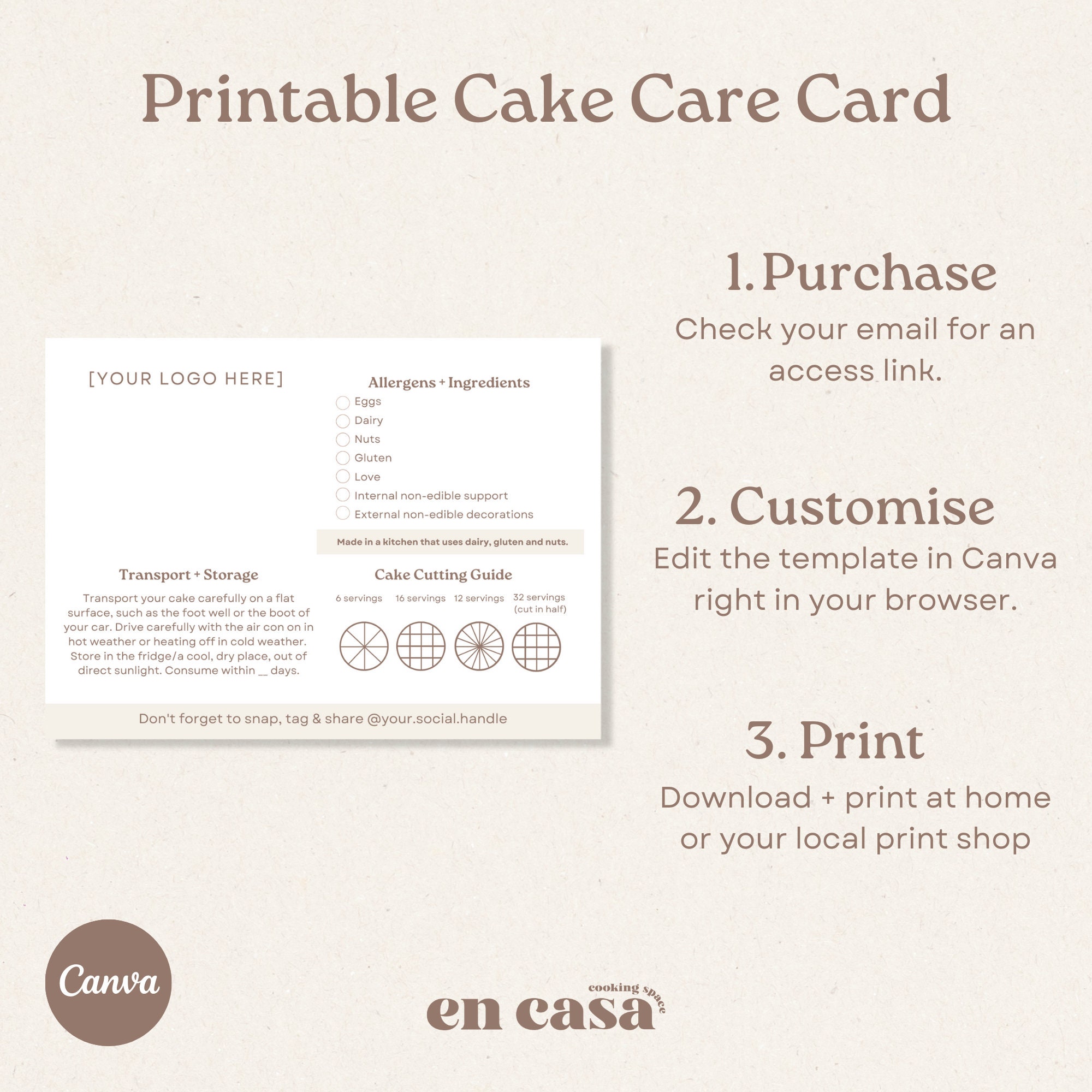 Minimalist Cake Care Card Guide Canva Template Printable Cake Care ...