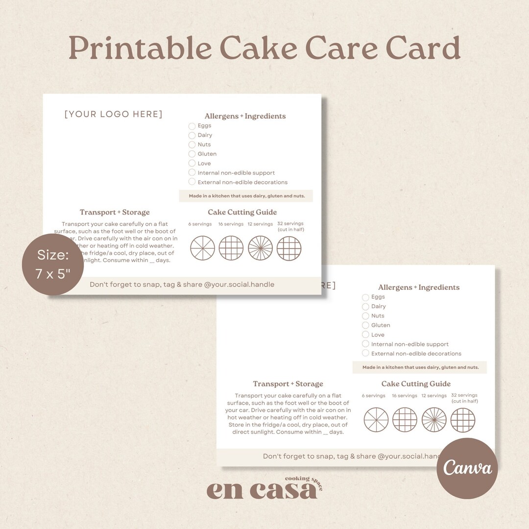 Minimalist Cake Care Card Guide Canva Template Printable Cake Care ...