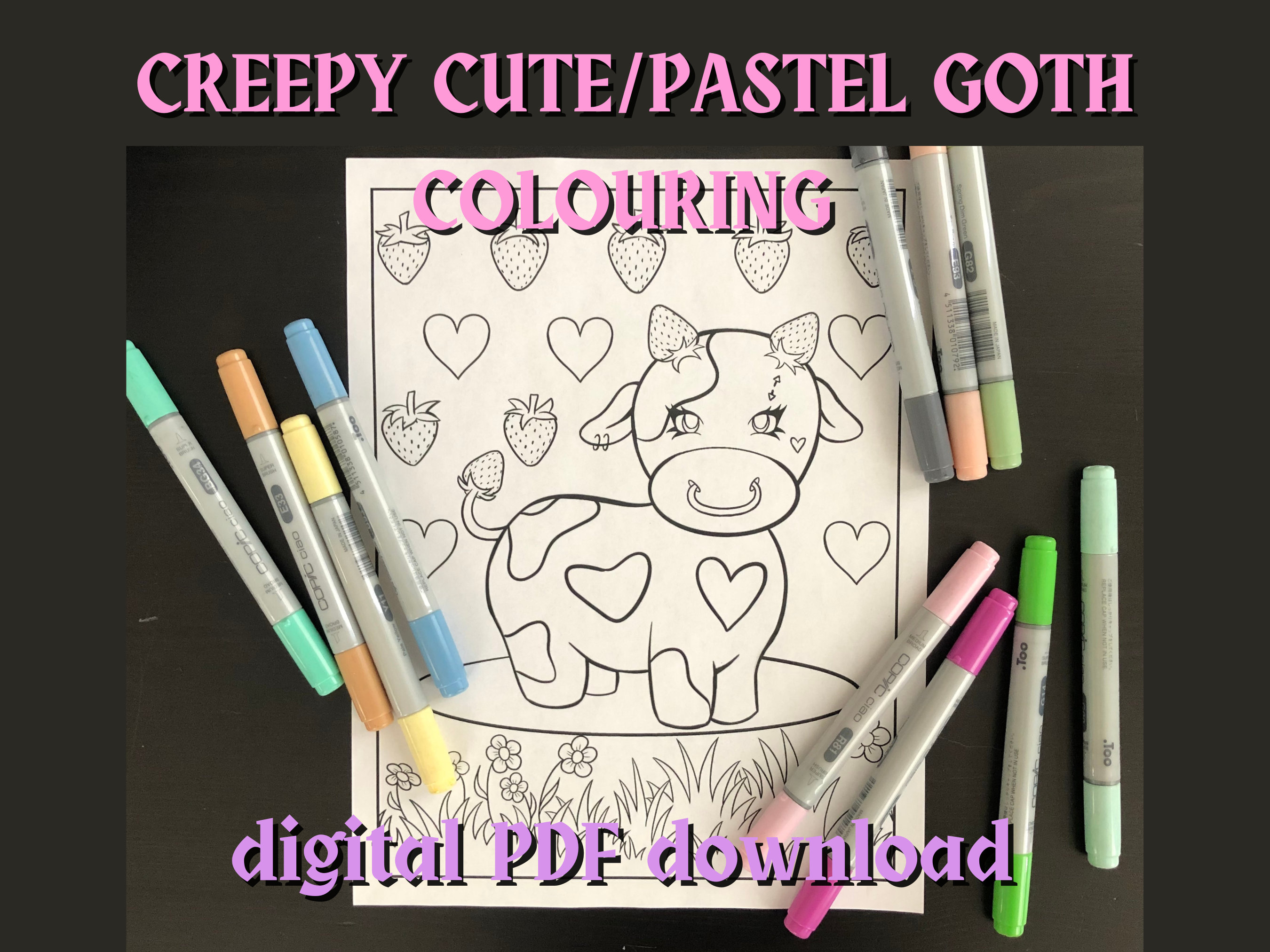 Printable Colouring Page/pastel Goth/strawberry Cow/creepy Cute Kawaii ...