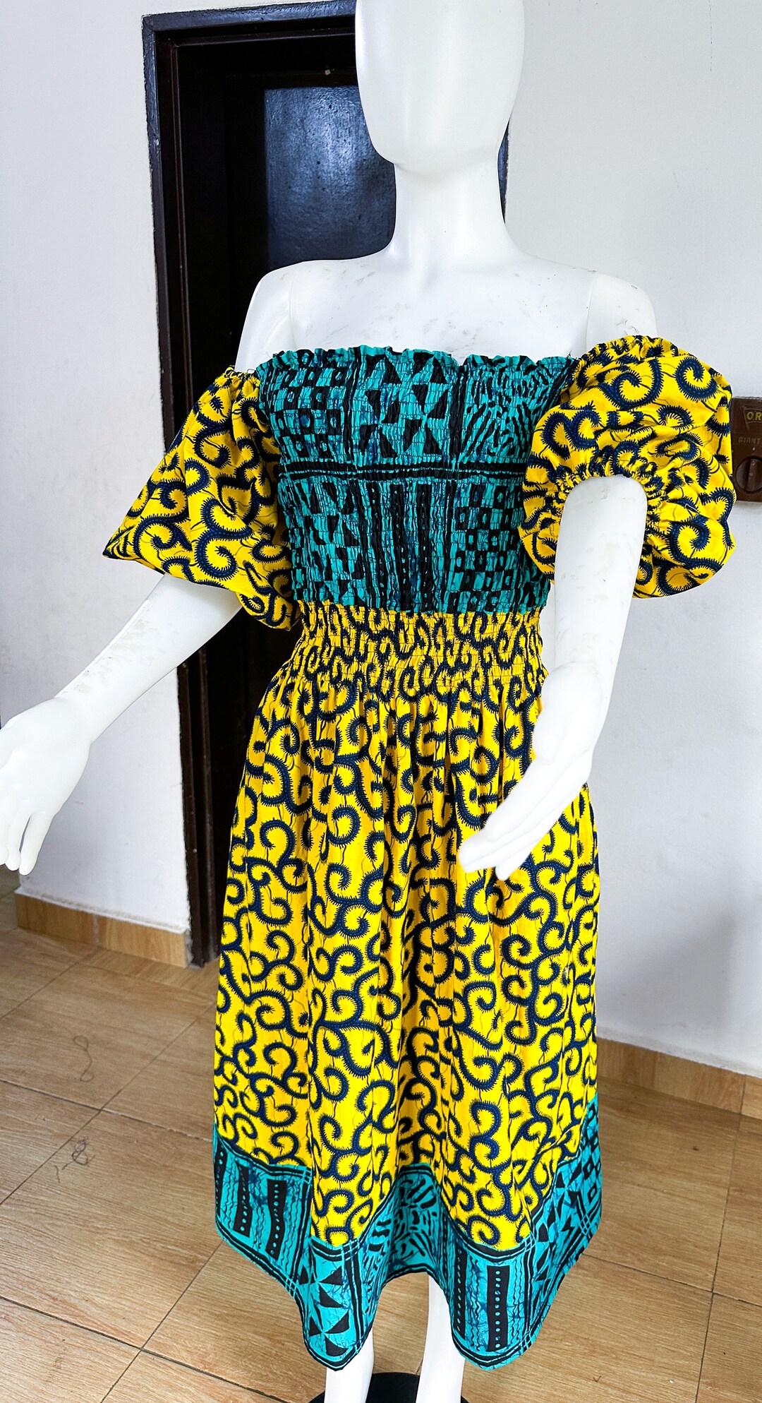 Stretchy Yellow and Blue Ankara Midi Dress, Bright Yellow and Blue ...