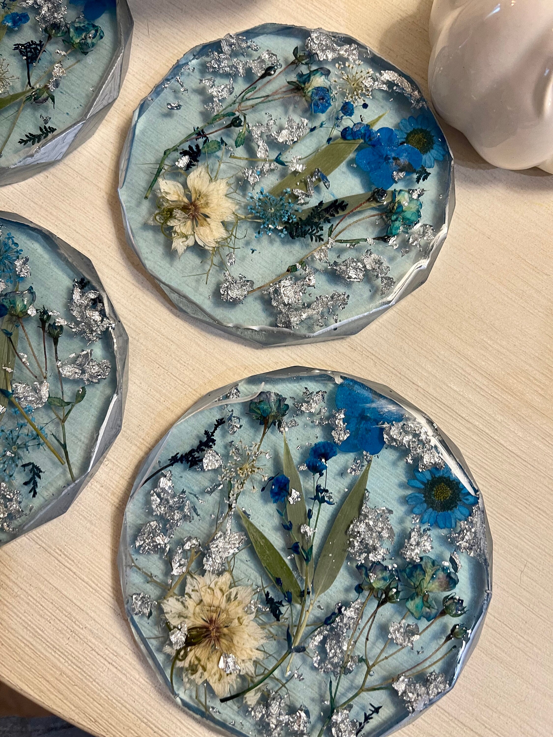 Blue Tinted Coasters With Blue and White Embellishments and Silver ...