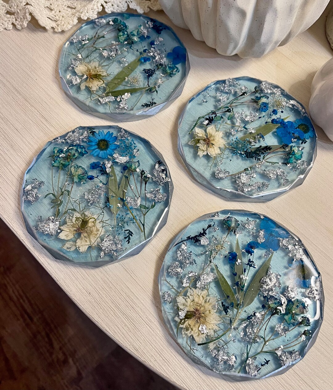 Blue Tinted Coasters With Blue and White Embellishments and Silver ...