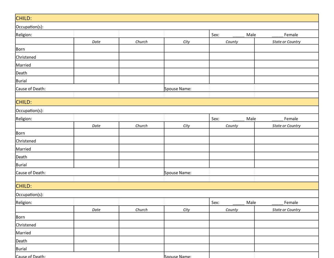 Family Data Sheet | Printable Excel or PDF Doc | Genealogy Family Tree ...