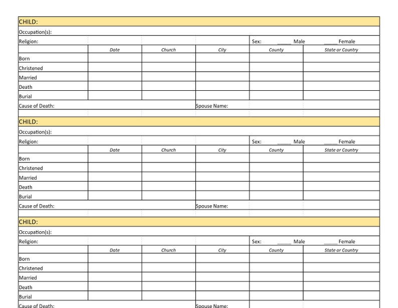 Family Data Sheet | Printable Excel or PDF Doc | Genealogy Family Tree ...