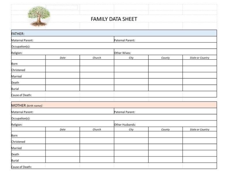 Family Data Sheet | Printable Excel or PDF Doc | Genealogy Family Tree Record | Ancestor ...