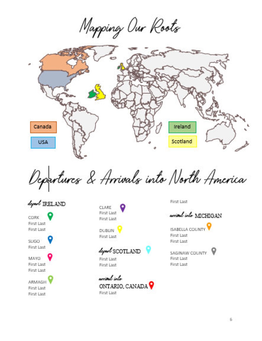 Microsoft Word Ancestry Map With Tags, Editable Arrival & Departure Map ...