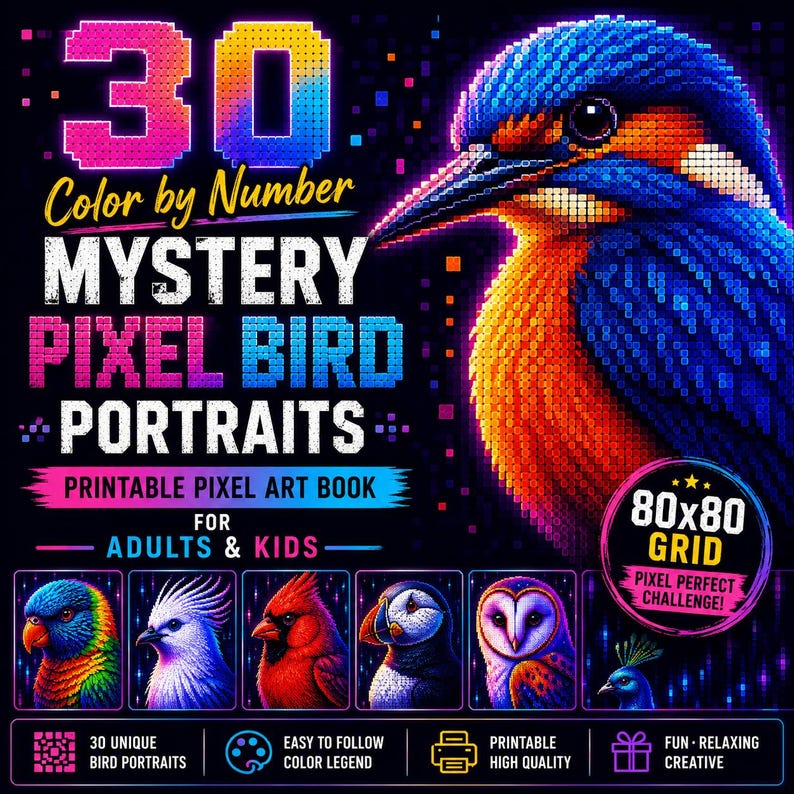 30 Mystery Bird Pixel Portraits | Neon Cyberpunk Art Book (digital ...