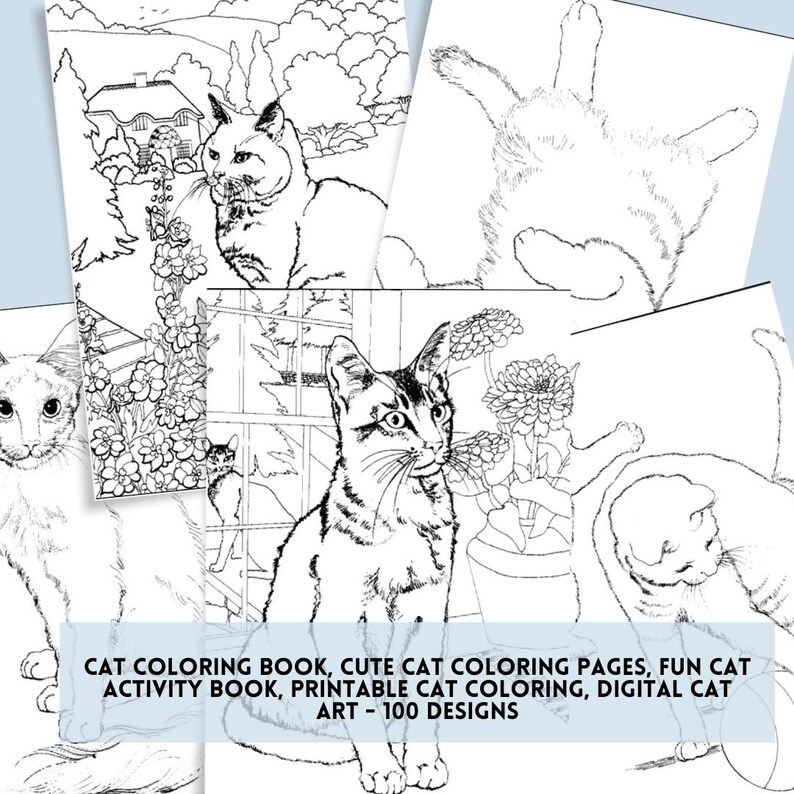 Cat Coloring Book, Printable Cat Coloring, Digital Cat Art - Etsy