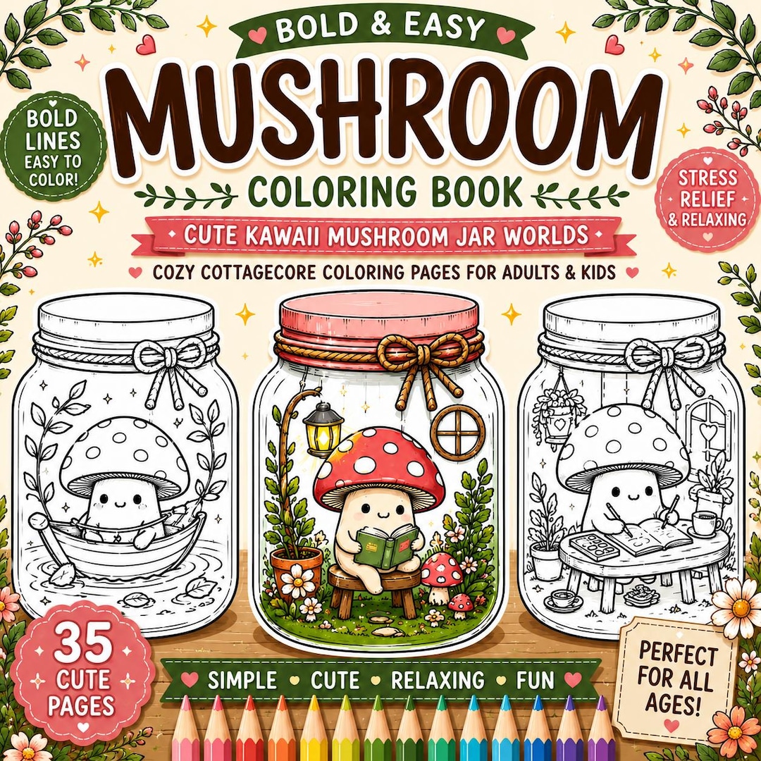 Bold and Easy Mushroom Coloring Book for Adults & Kids | Cute Kawaii ...