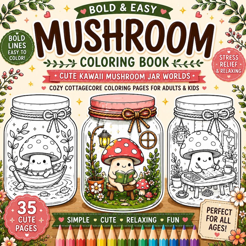 Bold and Easy Mushroom Coloring Book for Adults & Kids | Cute Kawaii ...