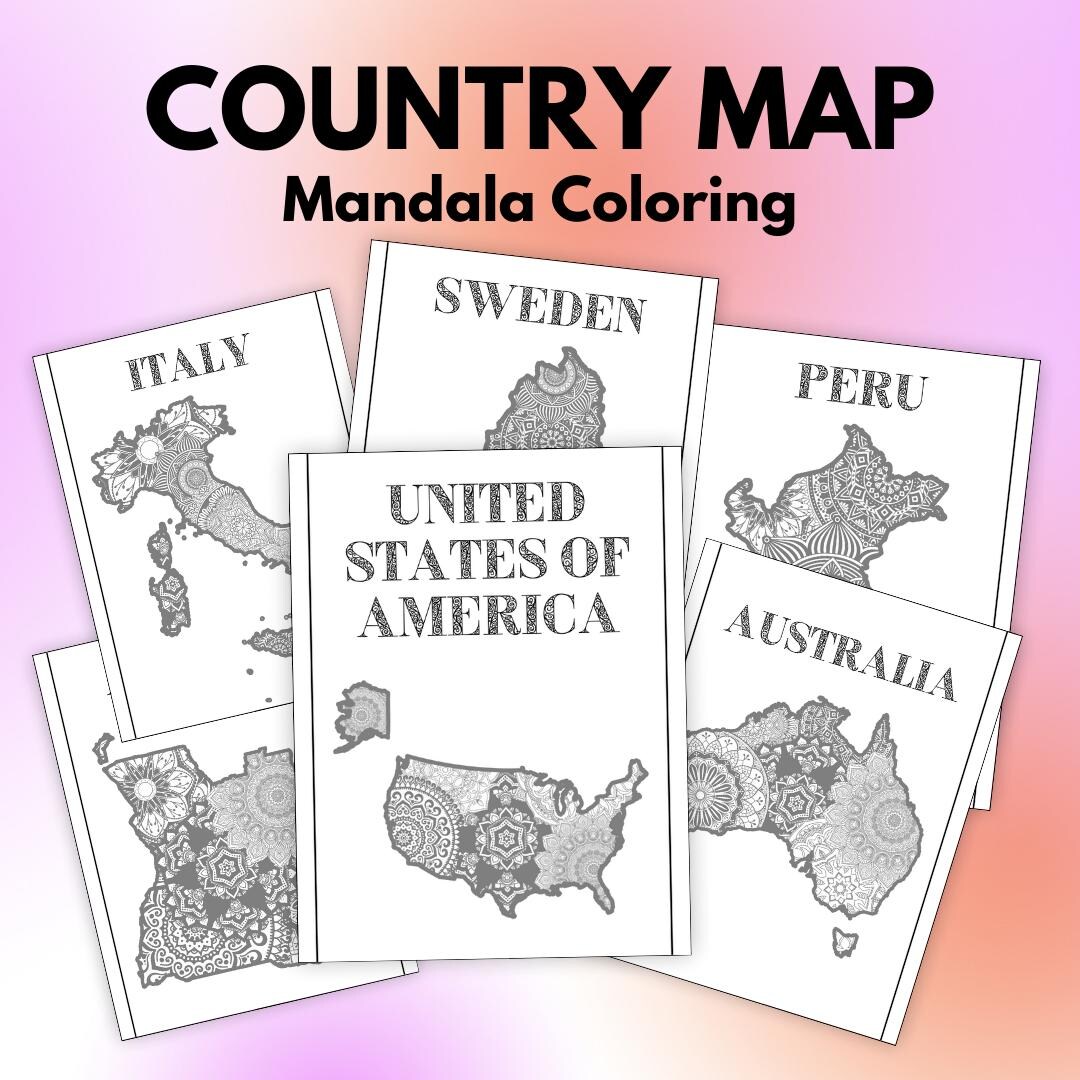 Country Map Mandala Coloring Pages, Printable Geography Worksheet ...