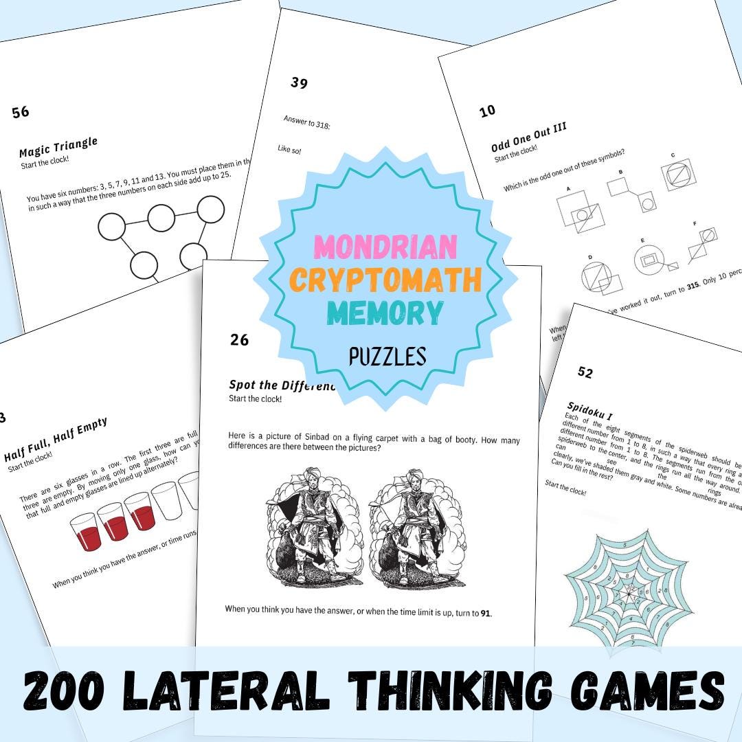 200 Lateral Thinking Games Printable | Mondrian, Cryptomath & Memory ...