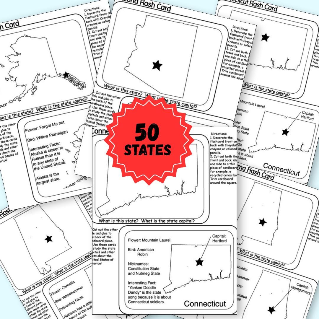 Printable US States Flash Cards | Learn 50 States & Capitals ...