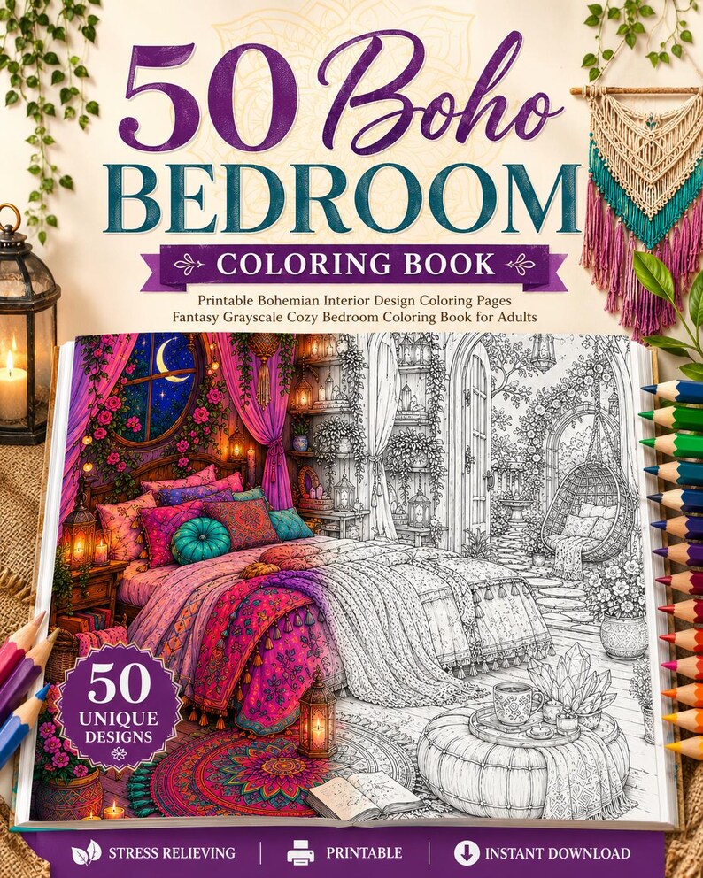 50 Boho Bedroom Coloring Book , Bohemian Interior Design Pages ...