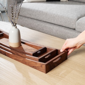 Walnut Serving Tray Set of 3 - Handcrafted Kitchen Trays for Living ...