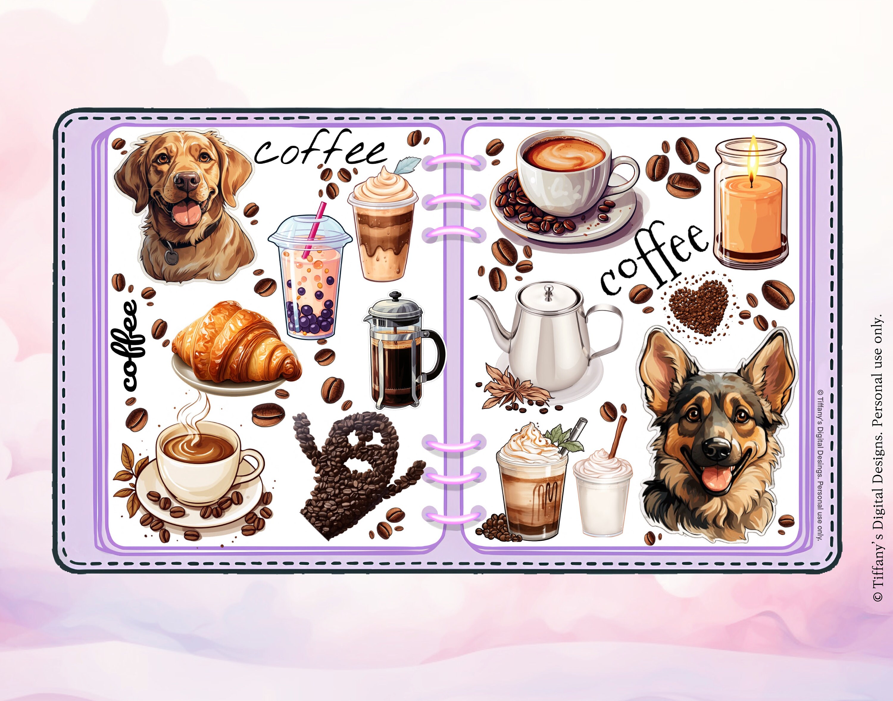 Coffee & Dogs Lovers Digital Printable Stickers Pack, Goodnotes Penly ...