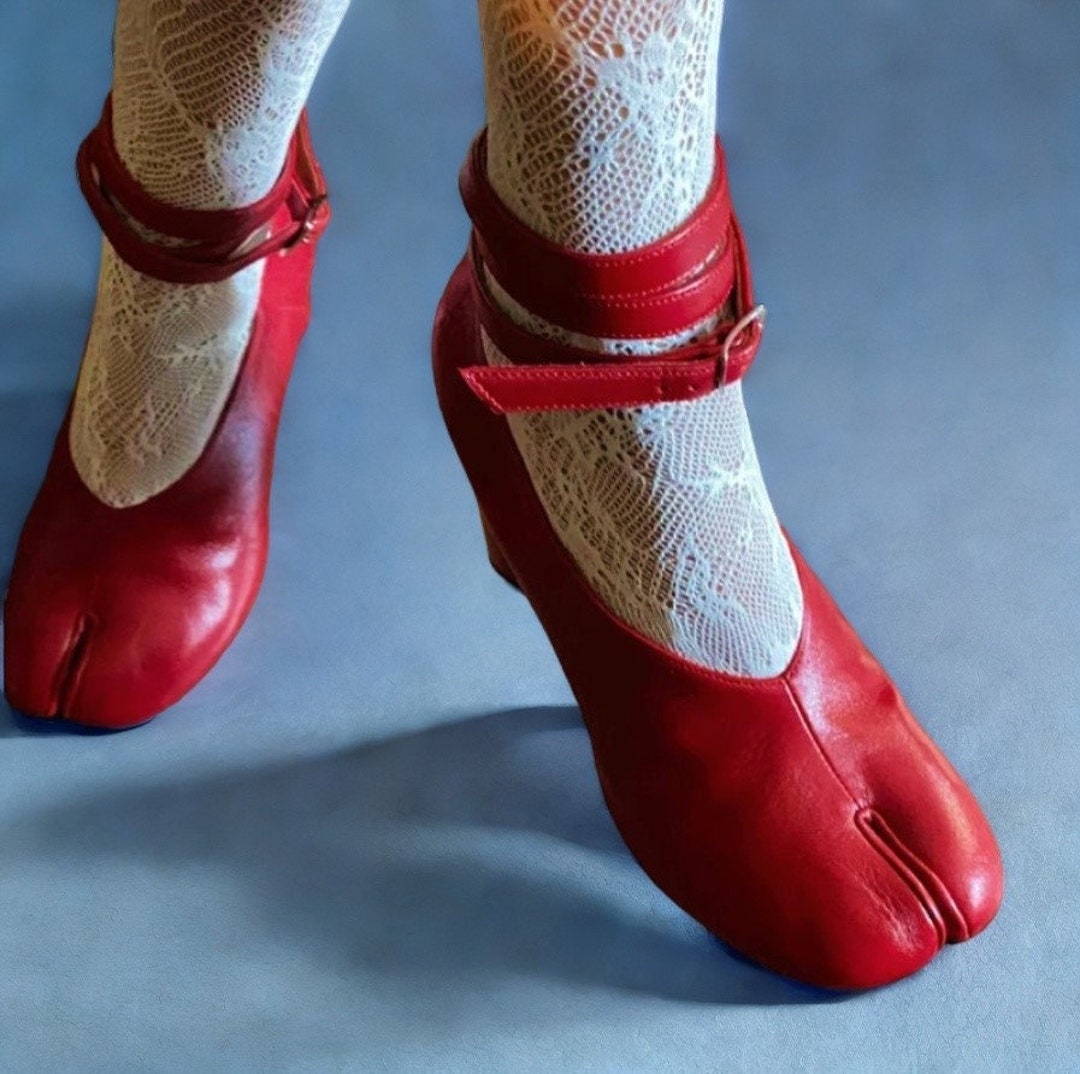 Women's Red Leather Split-toe Ninja Tabi Boots 6cm Heel Divided Toe ...