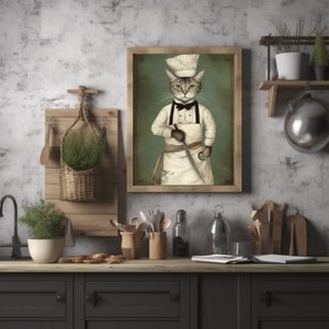 Chic Kitchen Wall Decor - A Whimsical Cat Chef Painting That Will Light ...