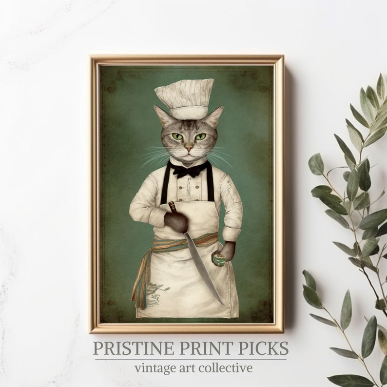 Chic Kitchen Wall Decor - A Whimsical Cat Chef Painting That Will Light ...