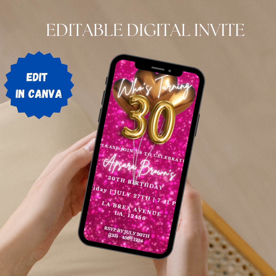 EDITABLE Digital 30th Birthday Party Invite E-invites Mobile Invited ...