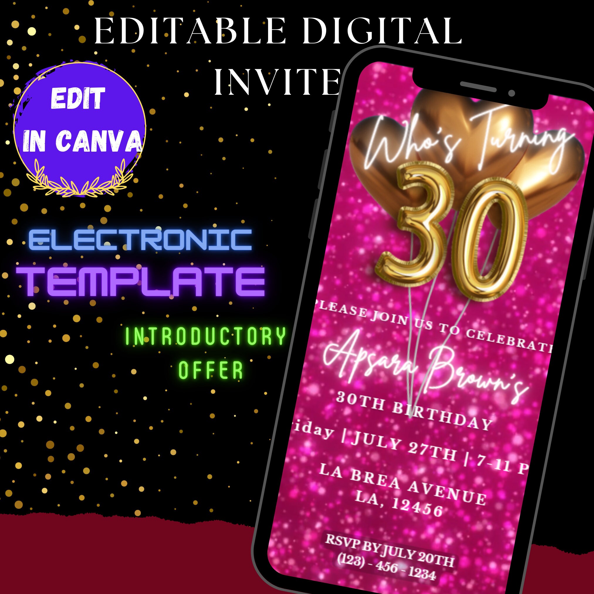 EDITABLE Digital 30th Birthday Party Invite E-invites Mobile Invited ...