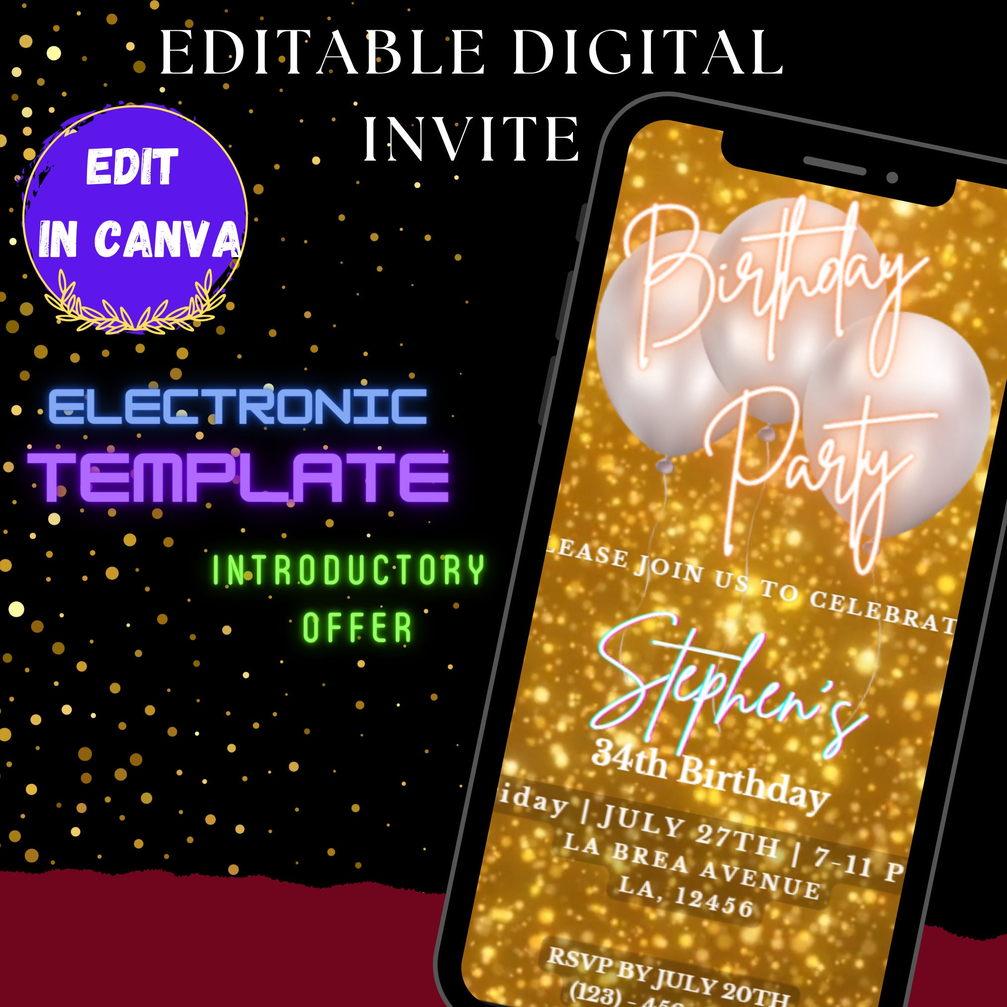 INSTANT DOWNLOAD EDITABLE Digital Birthday Party Invite E-invites ...